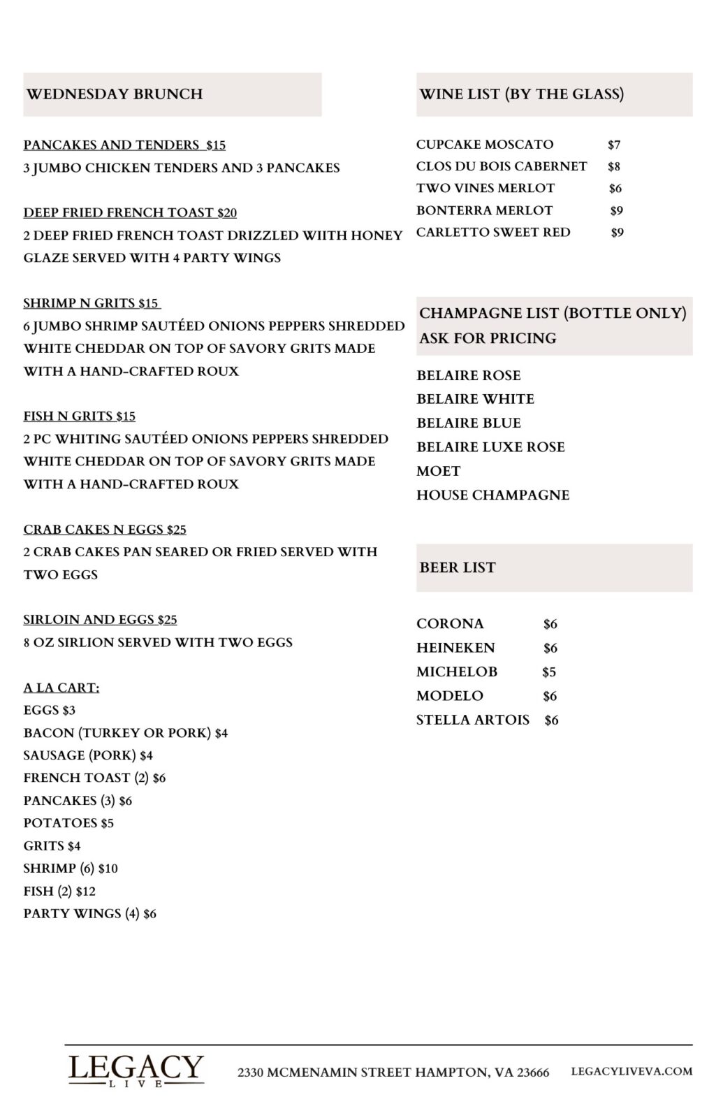 Menu – Legacy Live lounge